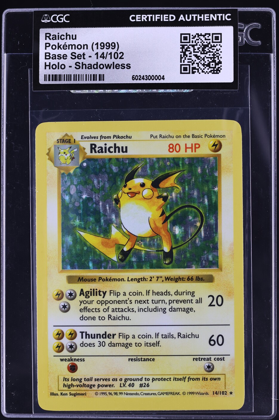 1999 Pokemon Base Set Shadowless Holo Raichu #14 CGC AUTH on Fanatics ...