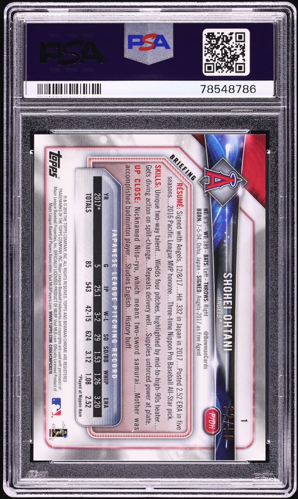 2018 Bowman Chrome Gold Refractor Shohei Ohtani ROOKIE /50 #1 PSA 10 ...