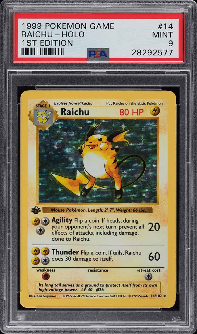 1999 Pokemon Base Set Shadowless 1st Edition Holo Raichu #14 PSA 9 MINT ...