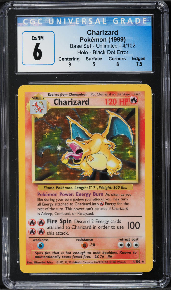 1999 Pokemon Base Set Black Dot Error Holo Charizard #4 CGC 6 EXMT on ...
