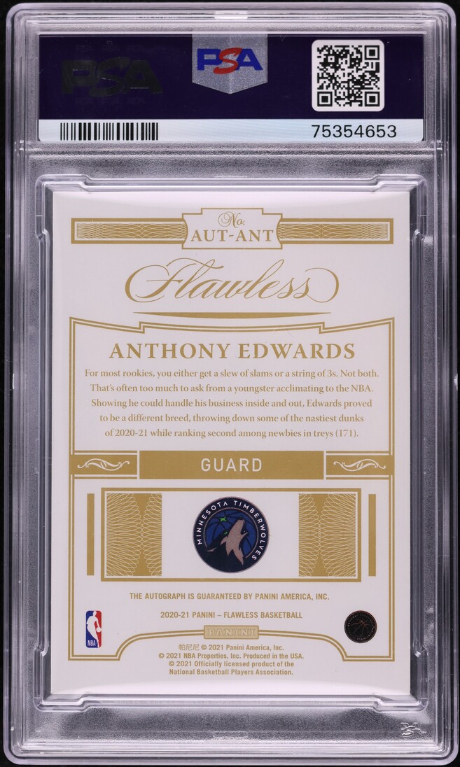 2020 Panini Flawless Platinum Anthony Edwards ROOKIE AUTO DNA 10 1/1 ...