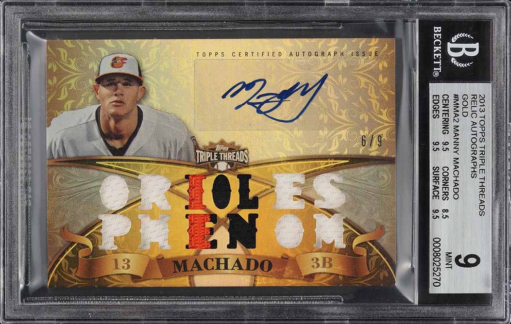 2013 Topps Triple Threads Gold Manny Machado ROOKIE PATCH AUTO /9 BGS 9 ...