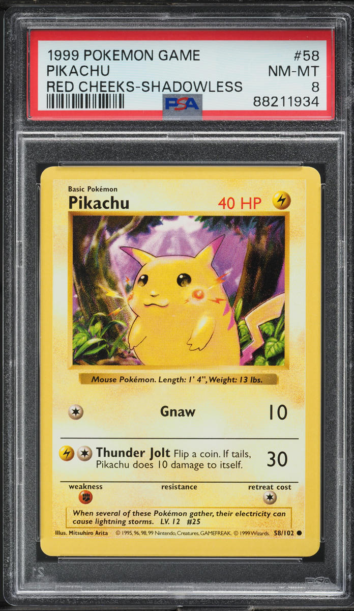 1999 Pokemon Base Set Shadowless Red Cheeks Pikachu #58 PSA 8 NM-MT on ...