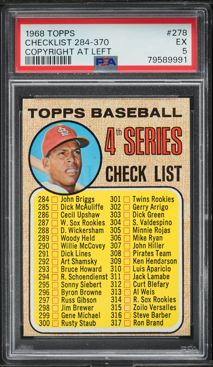 1968 Topps Checklist 284-370 COPYRIGHT AT LEFT #278 PSA 5 EX on ...