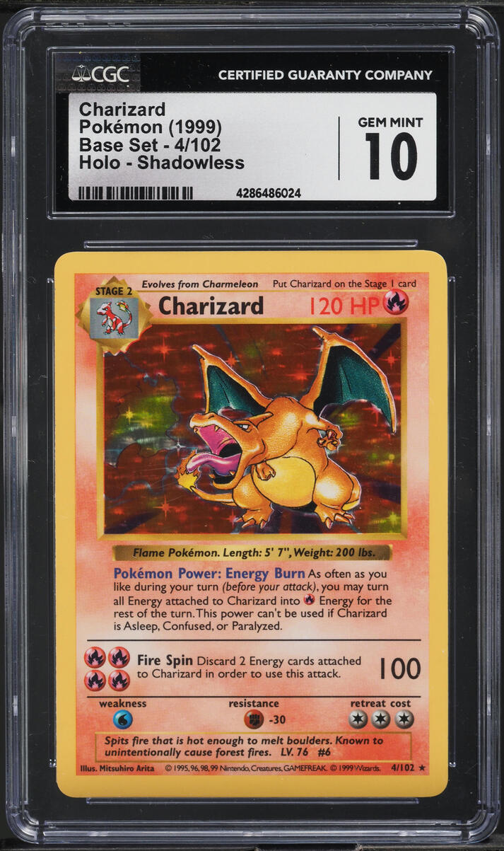 1999 Pokemon Base Set Shadowless Holo Charizard #4 CGC 10 GEM MINT on ...
