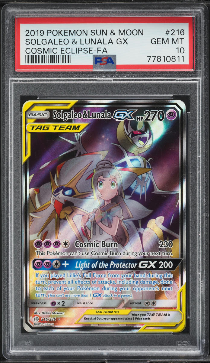 2019 Pokemon SM Cosmic Eclipse Full Art Solgaleo & Lunala GX #216 PSA 10 GEM on Fanatics Collect