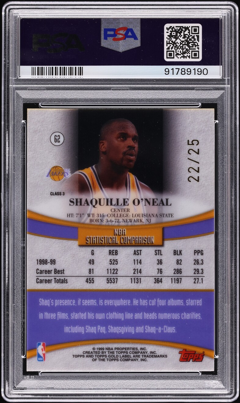 1999 Topps Gold Label Class 3 Red Label Shaquille O'Neal /25 #62 PSA 7 ...