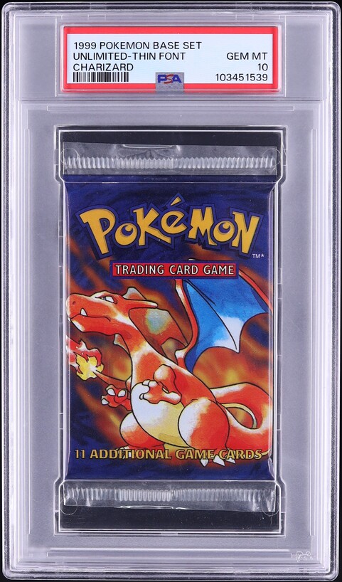 1999 Pokemon Base Set Pack Charizard Unlimited Thin Font PSA 10 GEM MINT on Fanatics Collect