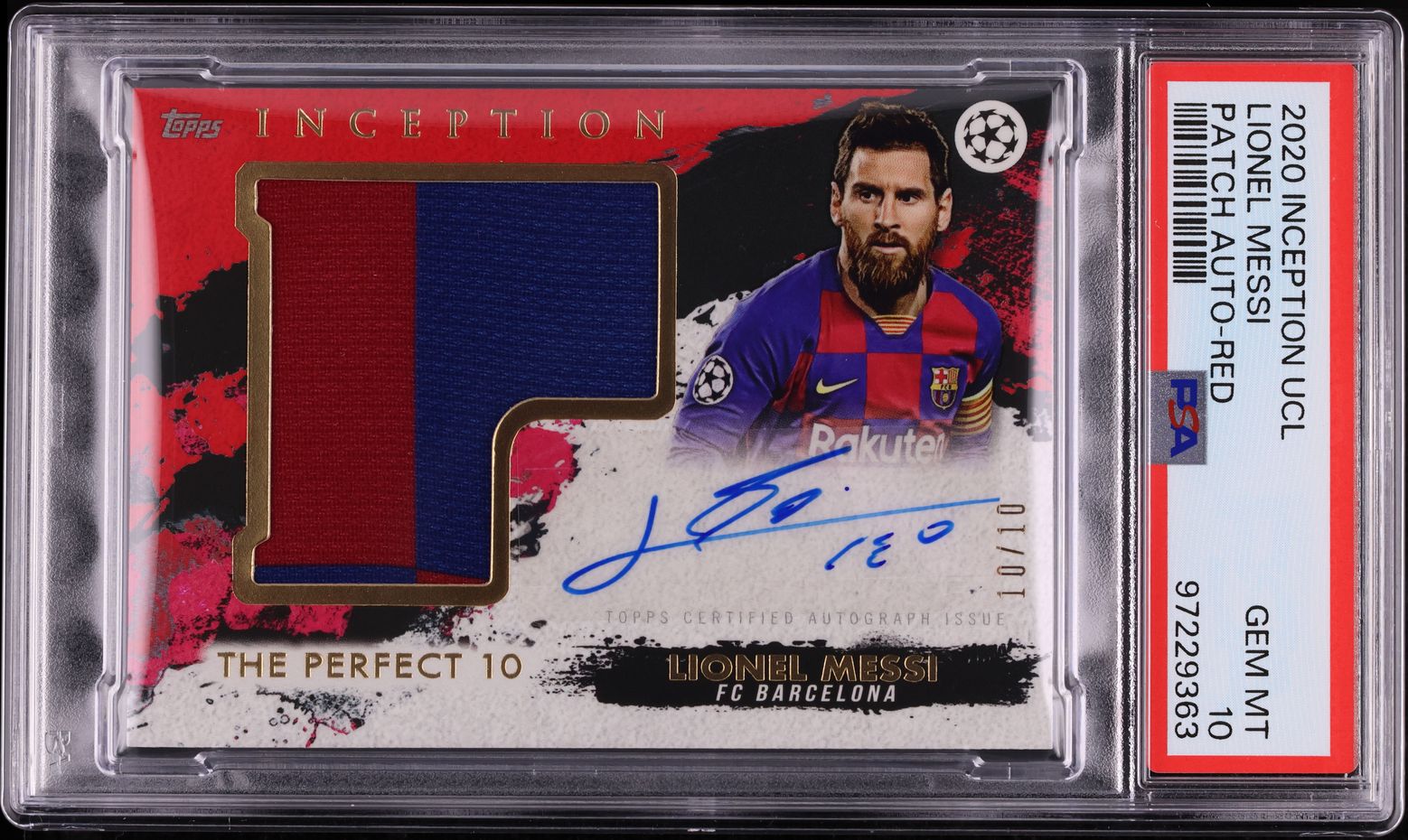 2020 Topps Inception UEFA Red Lionel Messi PATCH AUTO 10/10 PSA 10 GEM ...