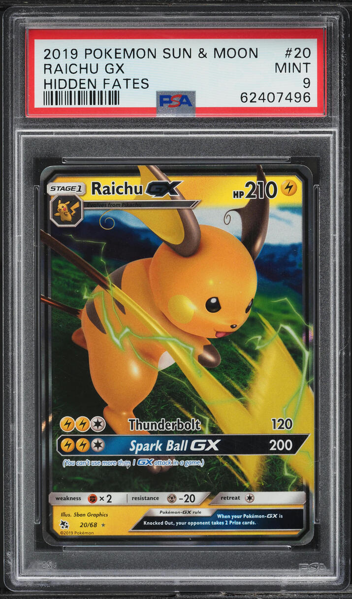 2019 Pokemon Sun & Moon Hidden Fates Raichu GX #20 PSA 9 MINT on ...
