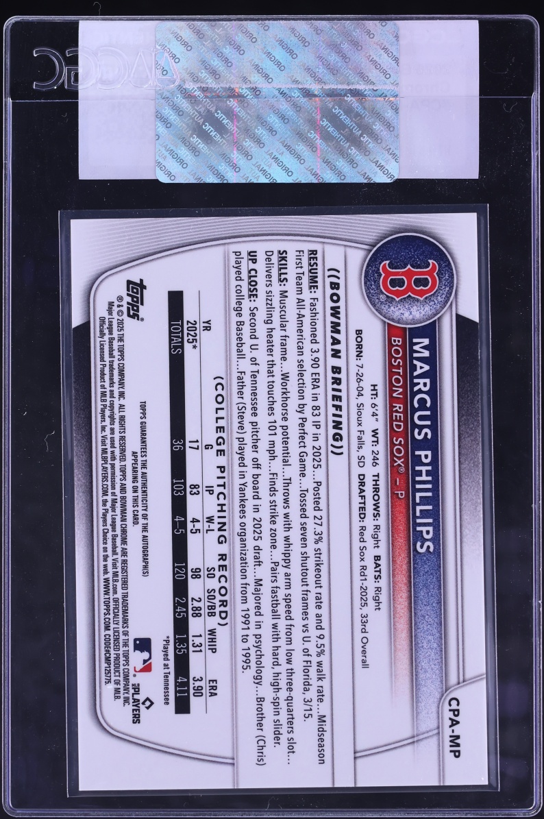 2025 Bowman Chrome Draft Marcus Phillips PROSPECT AUTO #CPA-MP CGC AUTH ...