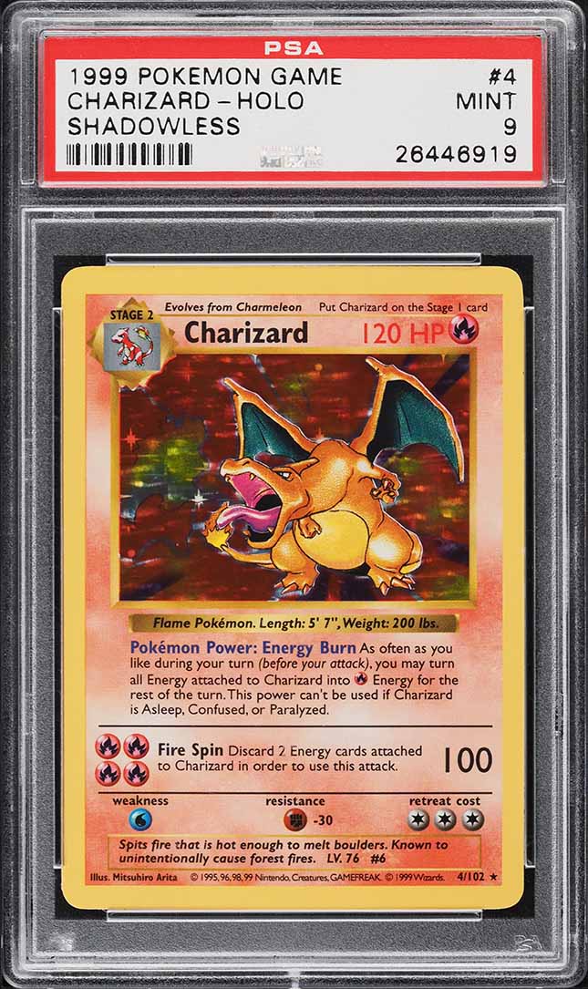 1999 Pokemon Base Set Shadowless Holo Charizard #4 PSA 9 MINT on ...