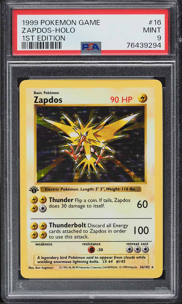 1999 Pokemon Base Set Shadowless 1st Edition Holo Zapdos #16 PSA 9 MINT ...