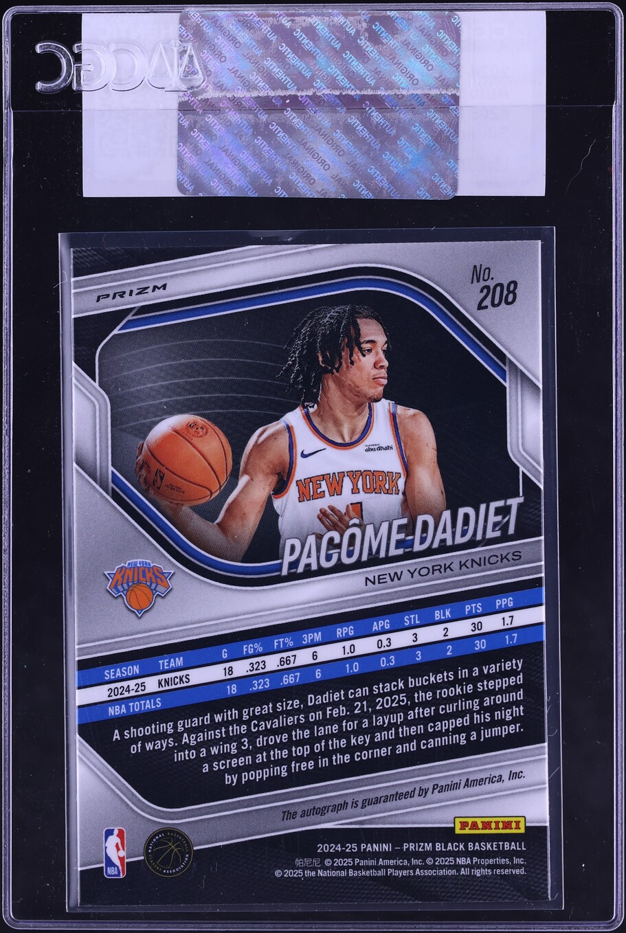 2024 Panini Prizm Black Silver Pacome Dadiet ROOKIE AUTO #208 CGC AUTH ...