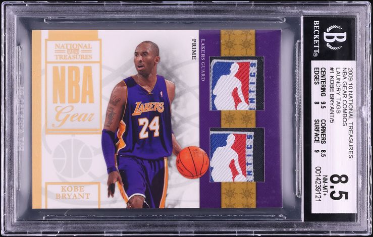 2009 National Treasures Combos Kobe Bryant LOGOMAN TAG PATCH 1/5 BGS 8. ...