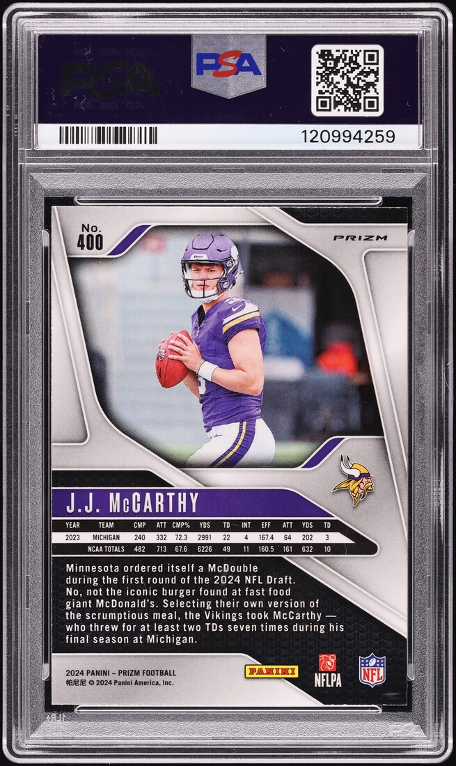2024 Panini Prizm Lazer J.J. McCarthy ROOKIE #400 PSA 10 GEM MINT on ...
