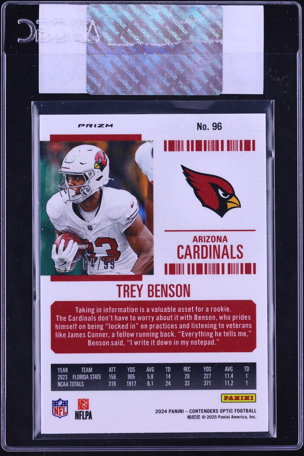 2024 Panini Contenders Optic Blue Trey Benson ROOKIE /99 #96 CGC AUTH on Fanatics Collect