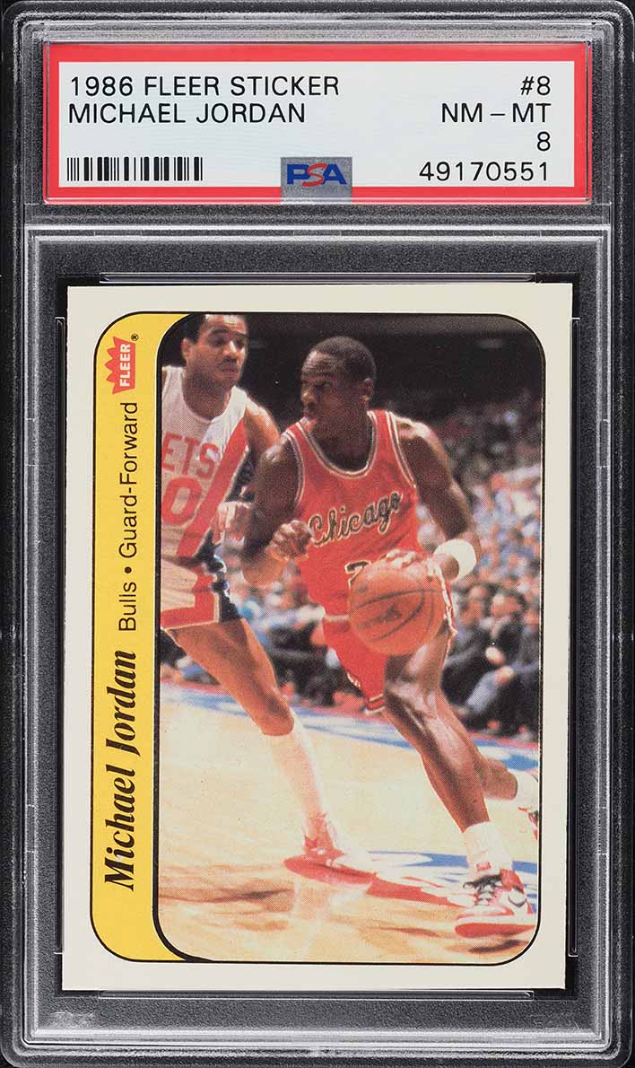 1986 Fleer Sticker Michael Jordan ROOKIE #8 PSA 8 NM-MT on Fanatics Collect
