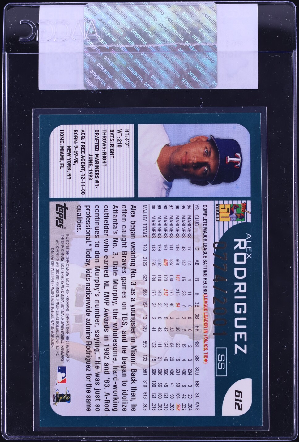 2001 Topps Gold Alex Rodriguez /2001 #612 CGC AUTH on Fanatics Collect