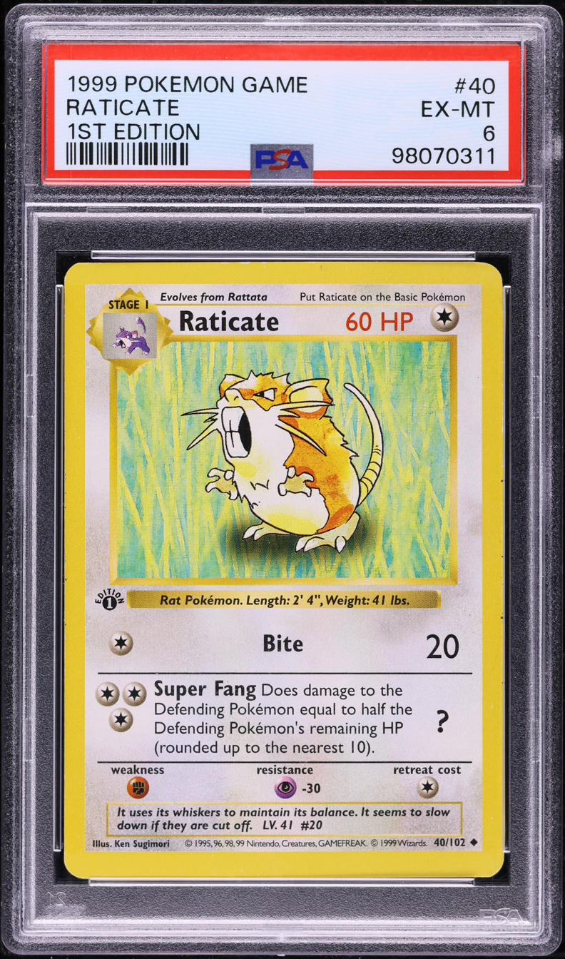 1999 Pokemon Base Set Shadowless 1st Edition Raticate #40 PSA 6 EXMT on ...