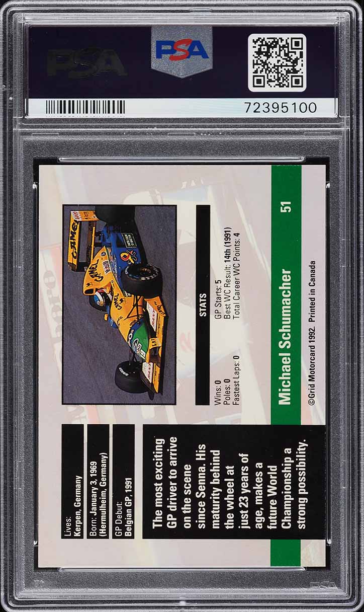 1992 Grid Formula 1 F1 Michael Schumacher ROOKIE #51 PSA 10 GEM MINT on ...
