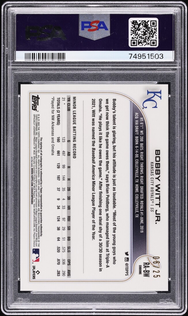 2022 Topps Chrome Orange Wave Ref Bobby Witt Jr. ROOKIE AUTO DNA 10 /25 ...