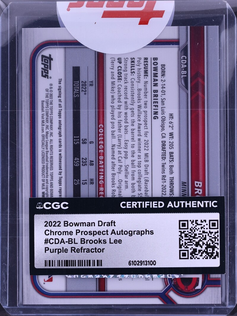2022 Bowman Chrome Draft Purple Refractor Brooks Lee PROSPECT AUTO /250 ...
