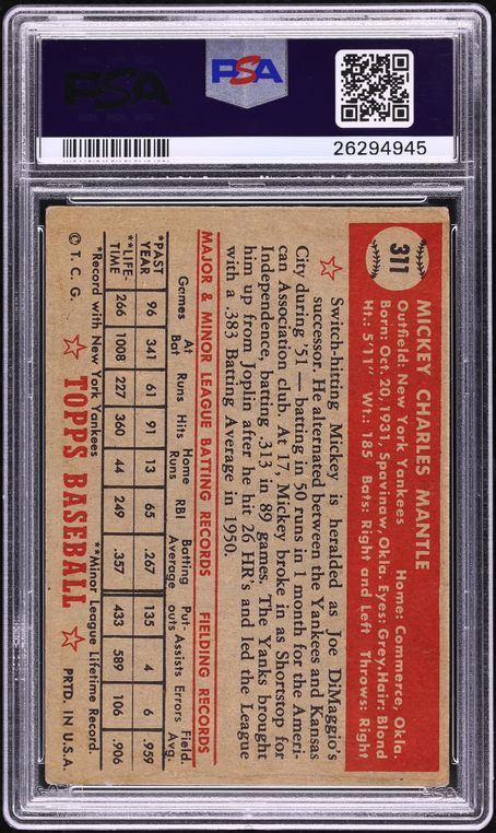 1952 Topps Mickey Mantle #311 PSA 3 VG on Fanatics Collect