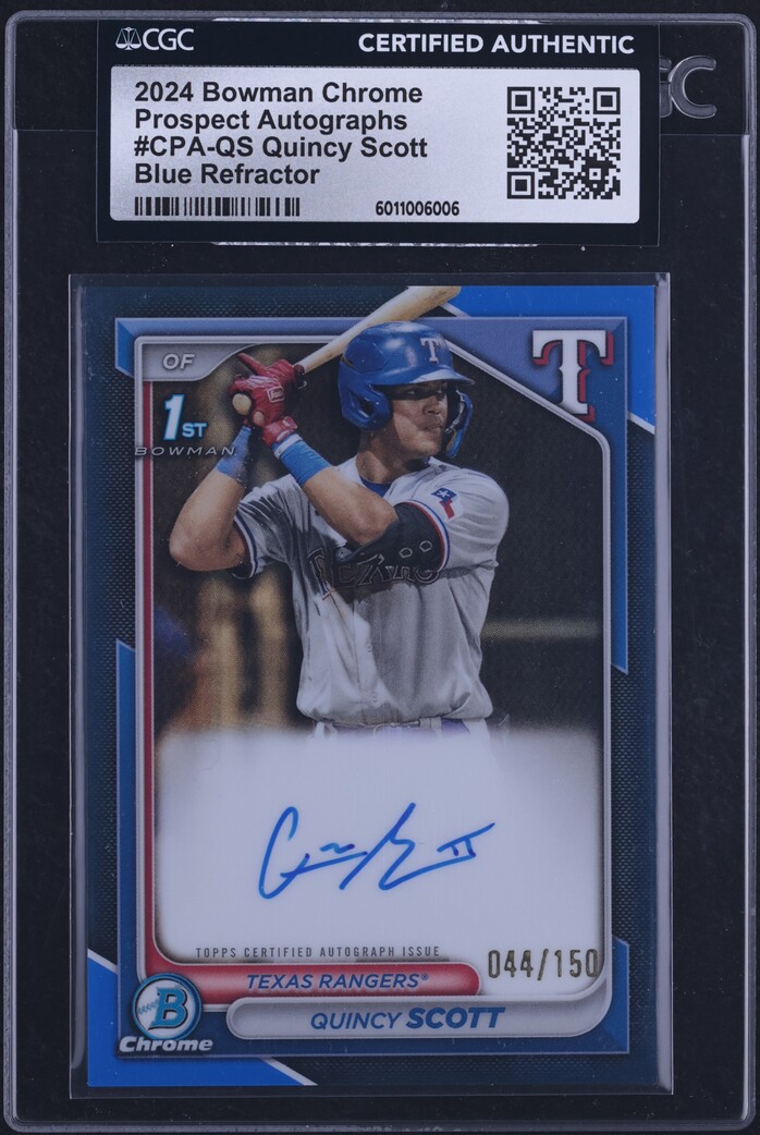 2024 Bowman Chrome Blue Refractor Quincy Scott ROOKIE AUTO /150 #CPA-QS CGC AUTH on Fanatics Collect