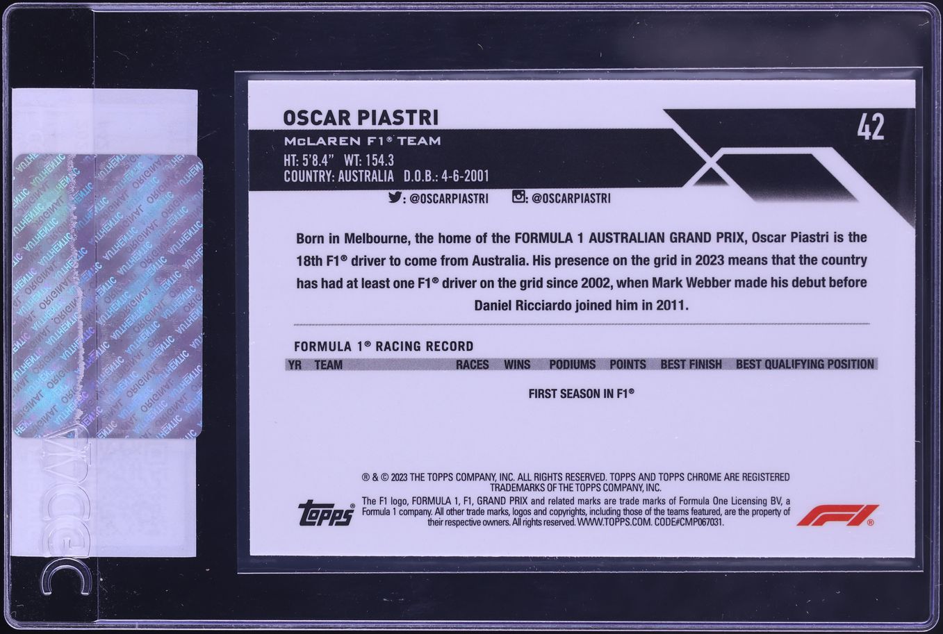 2023 Topps Chrome Formula 1 Oscar Piastri ROOKIE #42 CGC AUTH on ...