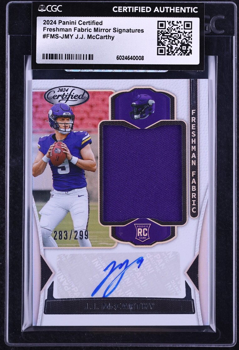 2024 Panini Certified Freshman Fabric J.J. McCarthy RC PATCH AUTO /299 ...