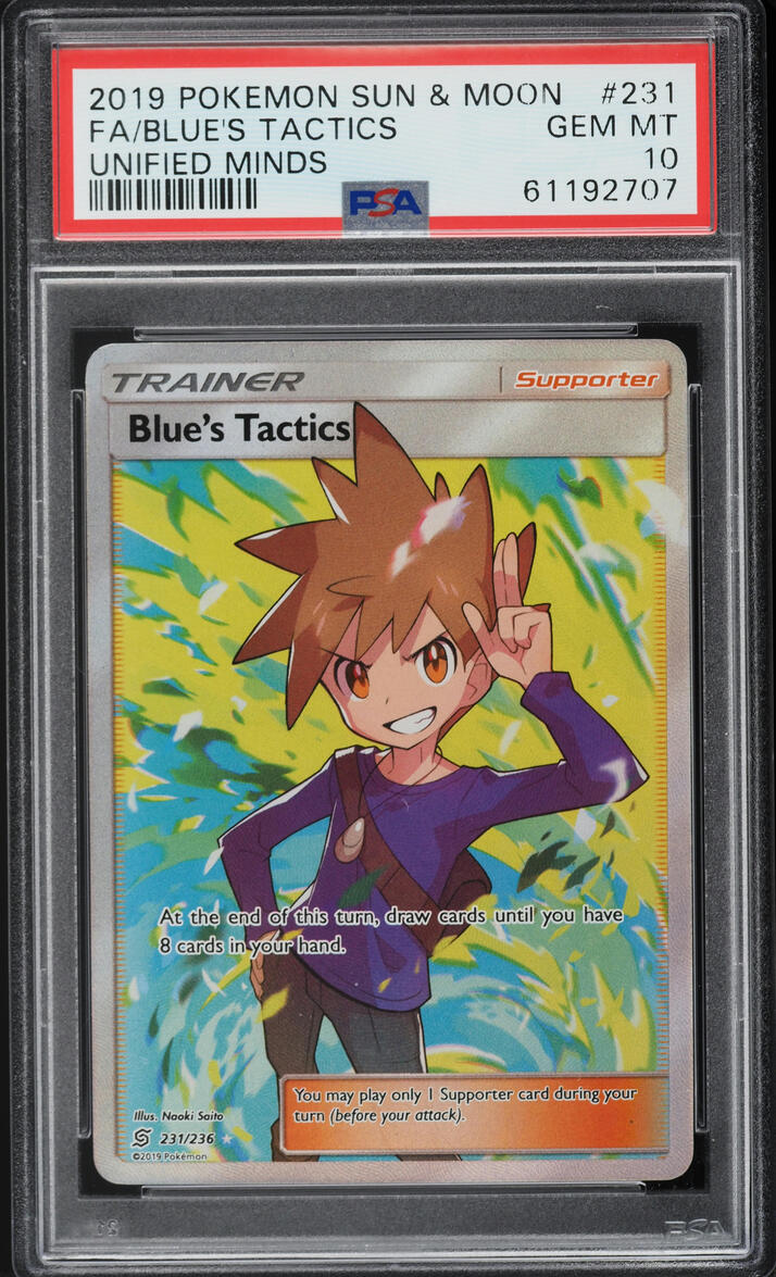 2019 Pokemon SM Unified Minds Full Art Blue's Tactics #231 PSA 10 GEM ...