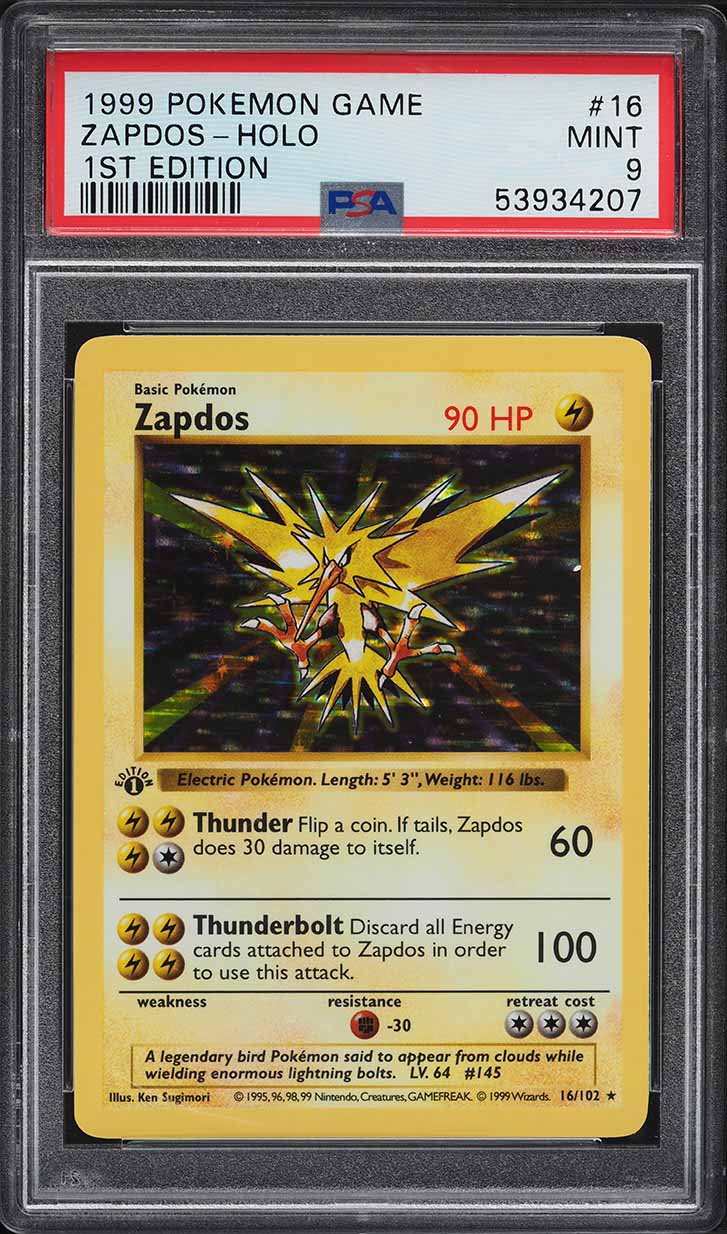 1999 Pokemon Base Set Shadowless 1st Edition Holo Zapdos #16 PSA 9 MINT ...