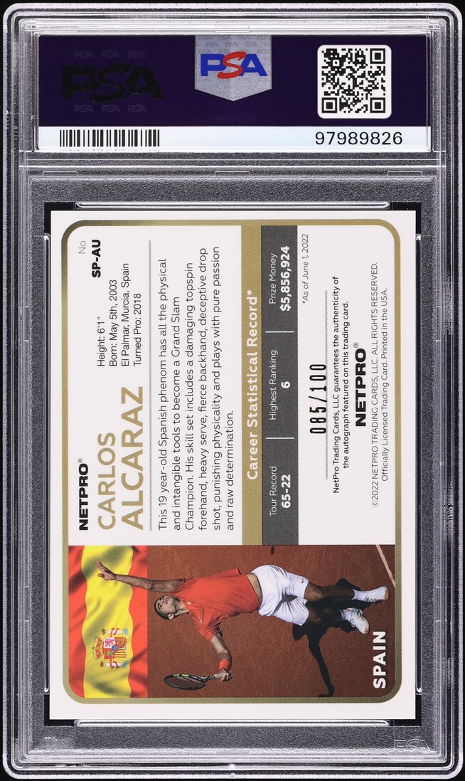 2022 Netpro Premium Rainbow Carlos Alcaraz ROOKIE AUTO /100 #SP-AU PSA ...