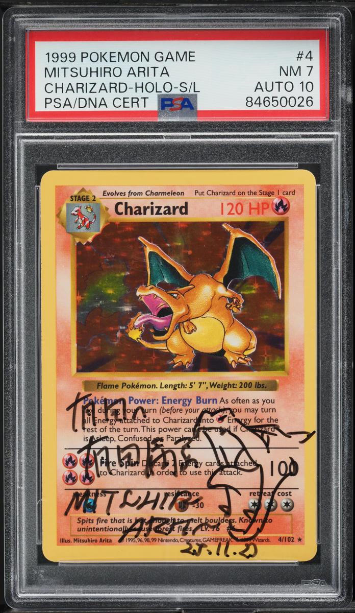 1999 Pokemon Base Set Shadowless Holo Charizard AUTO DNA 10 #4 PSA 7 ...