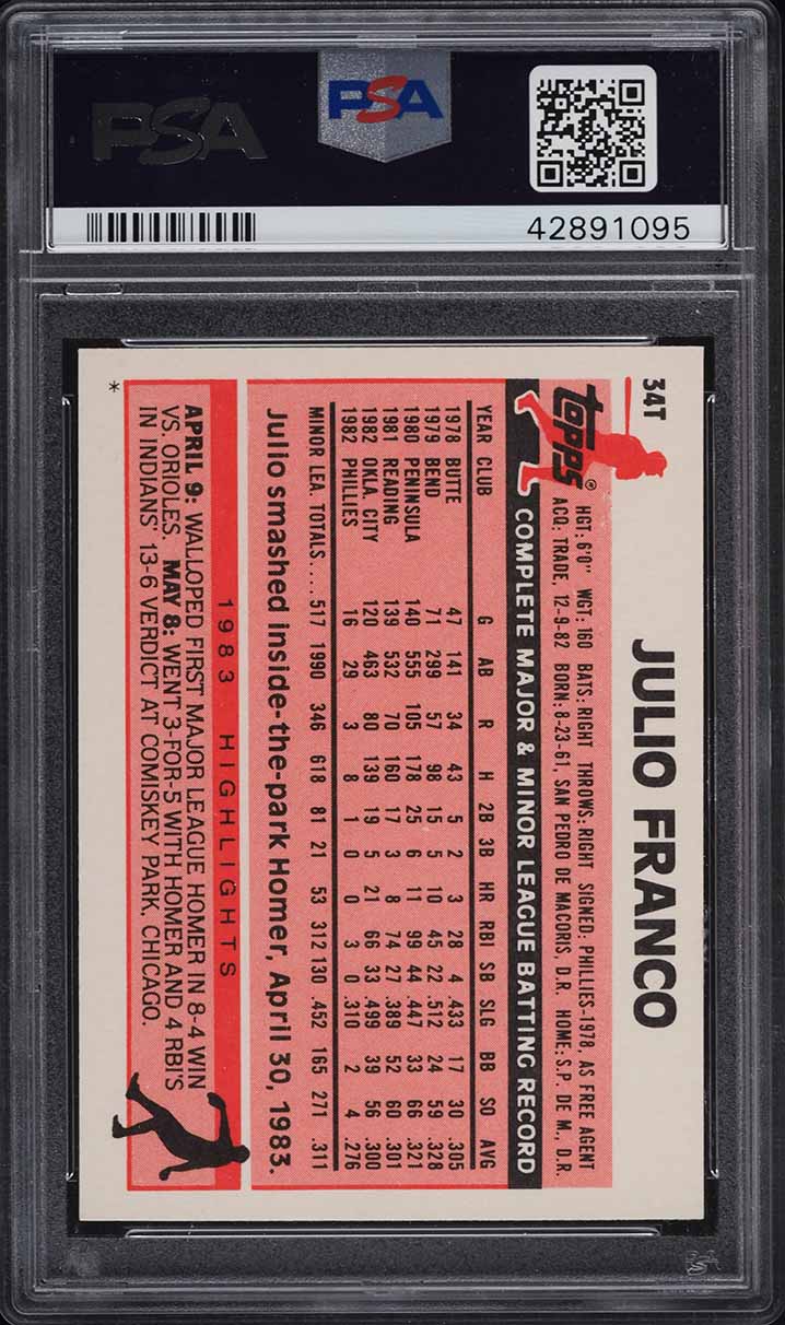1983 Topps Traded Julio Franco ROOKIE AUTO DNA 10 #34T PSA 10 GEM MINT ...