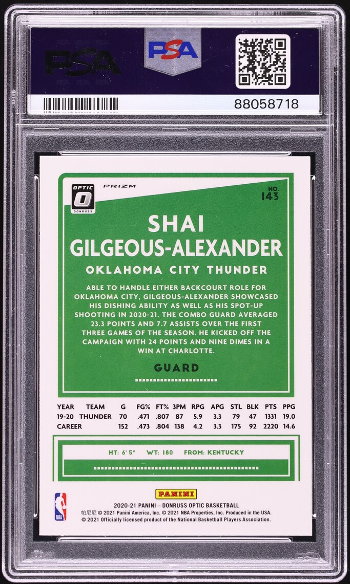 2020 Donruss Optic Blue Velocity Shai Gilgeous-Alexander #143 PSA 10 ...