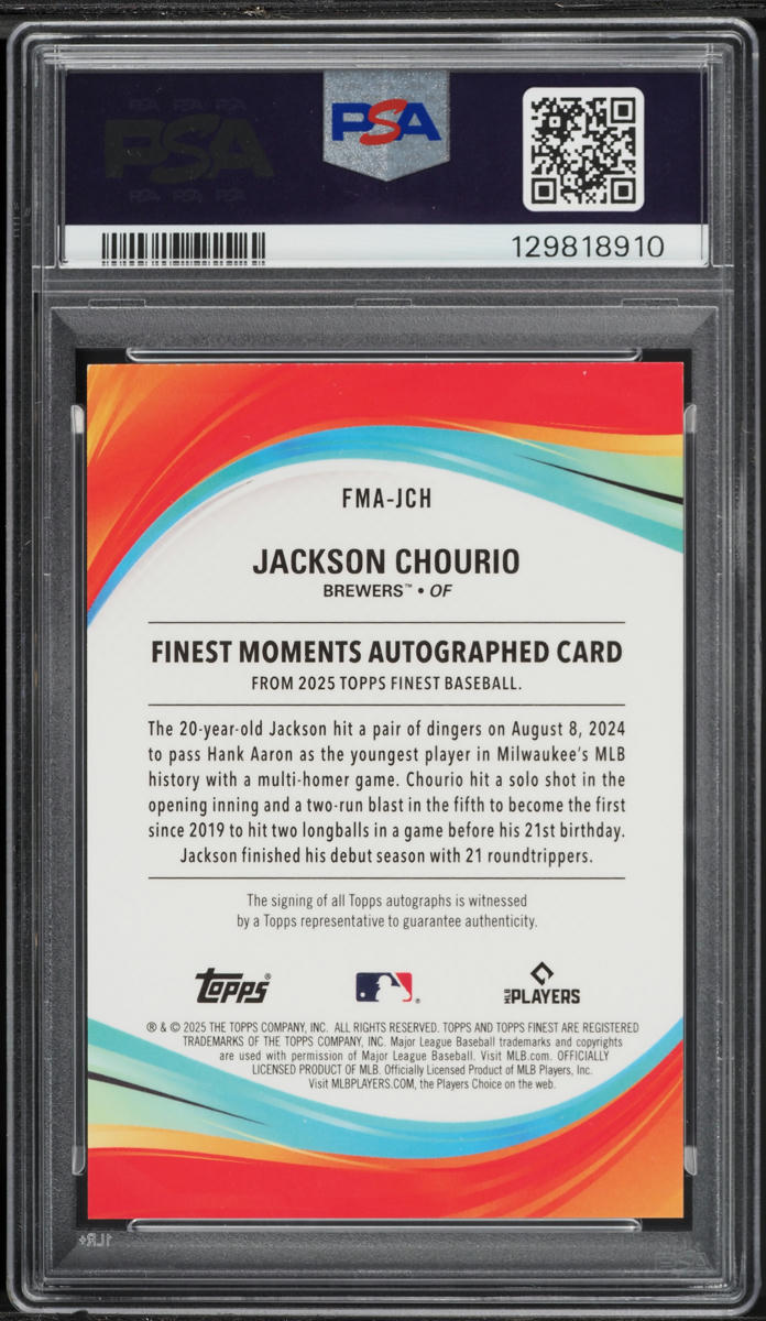 2025 Finest Moments Jackson Chourio AUTO #FMA-JCH PSA 9 MINT on ...