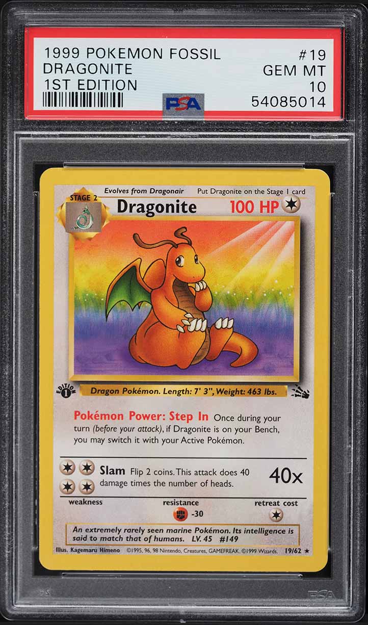 1999 Pokemon Fossil 1st Edition Dragonite #19 PSA 10 GEM MINT on Fanatics Collect