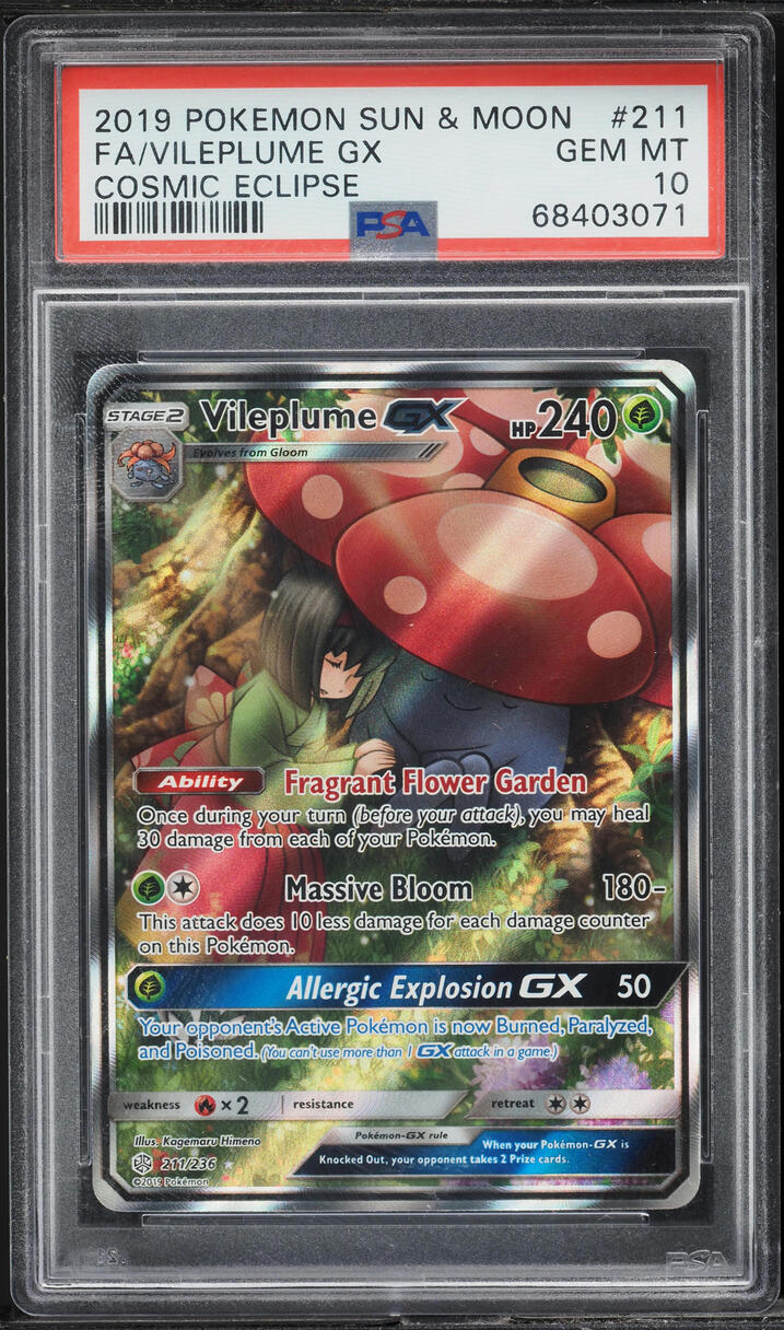 2019 Pokemon SM Cosmic Eclipse Full Art Vileplume GX #211 PSA 10 GEM MINT on Fanatics Collect