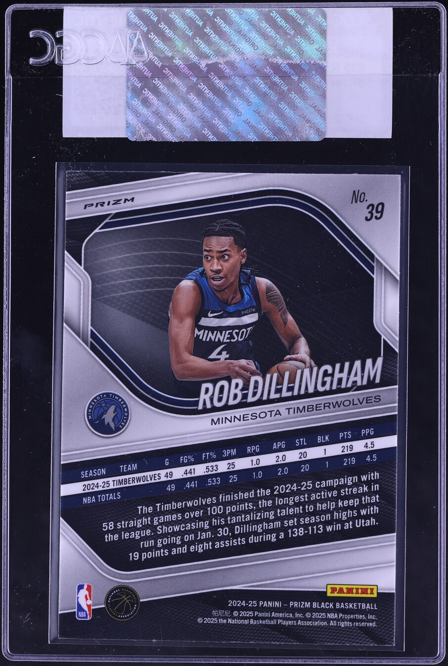 2024 Panini Prizm Black Silver Rob Dillingham ROOKIE #39 CGC AUTH on ...