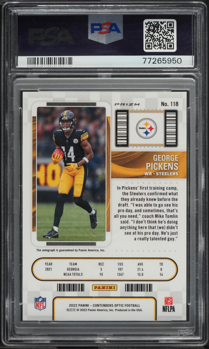 2022 Panini Contenders Optic Silver George Pickens ROOKIE AUTO #118 PSA ...