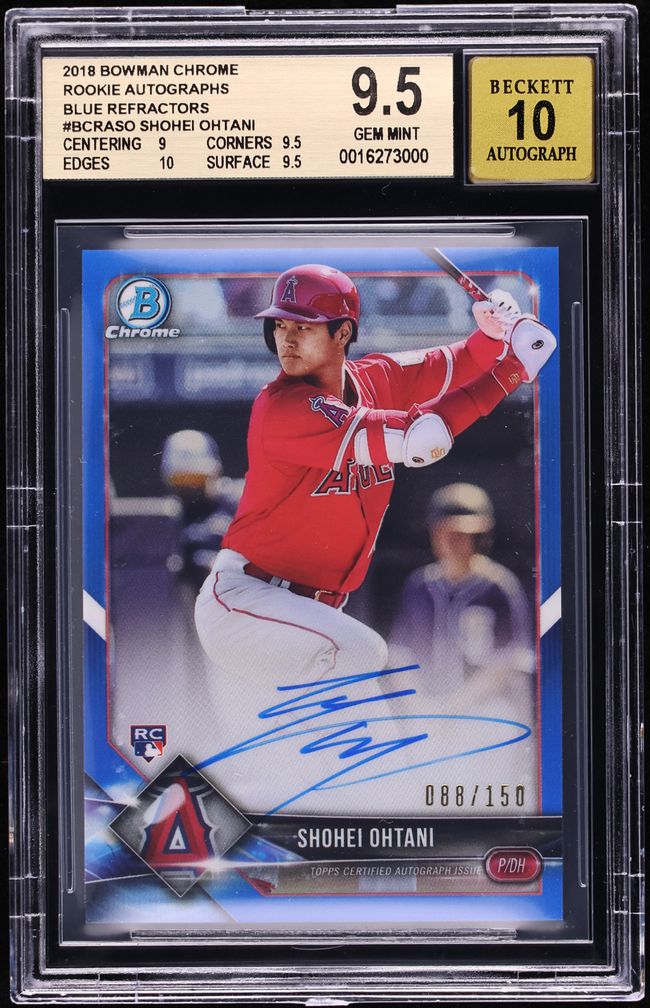 2018 Bowman Chrome Blue Refractor Shohei Ohtani ROOKIE AUTO /150 BGS 9. ...