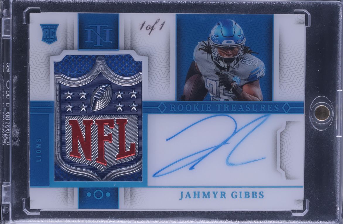 2023 National Treasures Platinum Jahmyr Gibbs RC SHIELD PATCH AUTO 1/1 ...