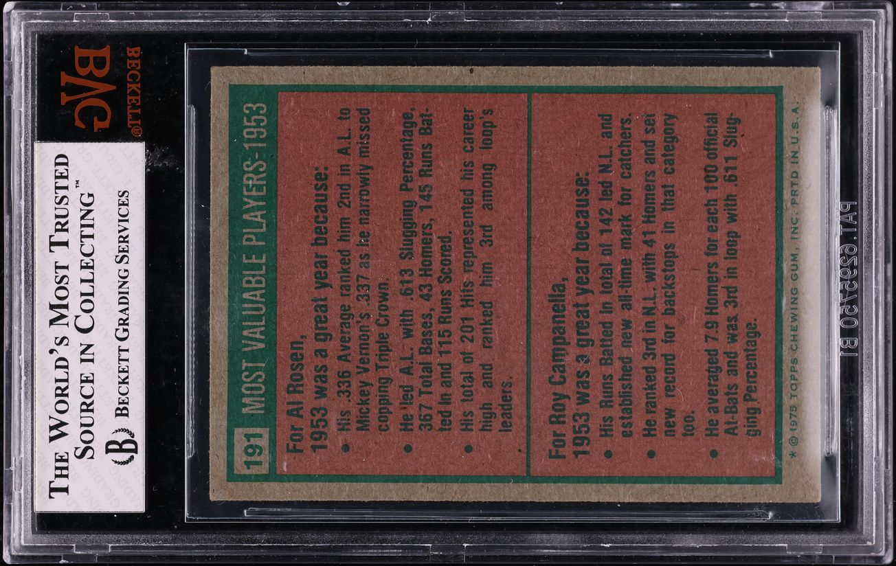 1975 Topps Al Rosen & Roy Campanella '53 MVP'S #191 BVG 4.5 VGEX+ on ...