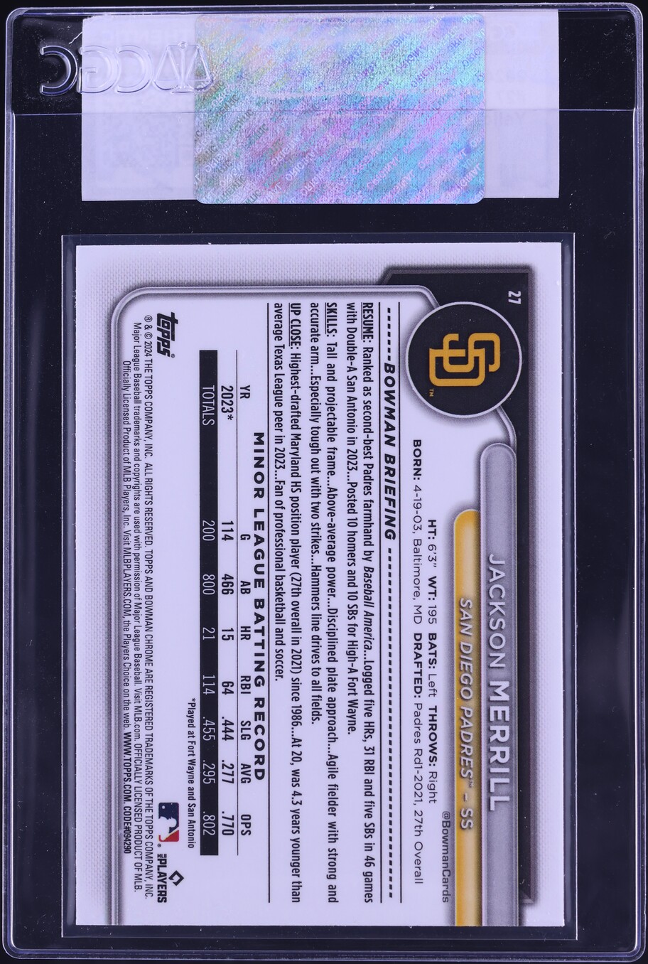 2024 Bowman Chrome Mega Box Yellow Jackson Merrill ROOKIE /75 #27 CGC ...