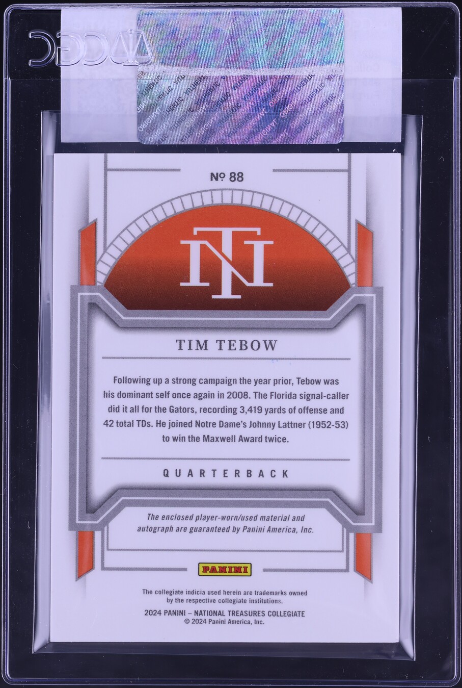 2024 National Treasures Collegiate College Purple Tim Tebow PATCH AUTO ...