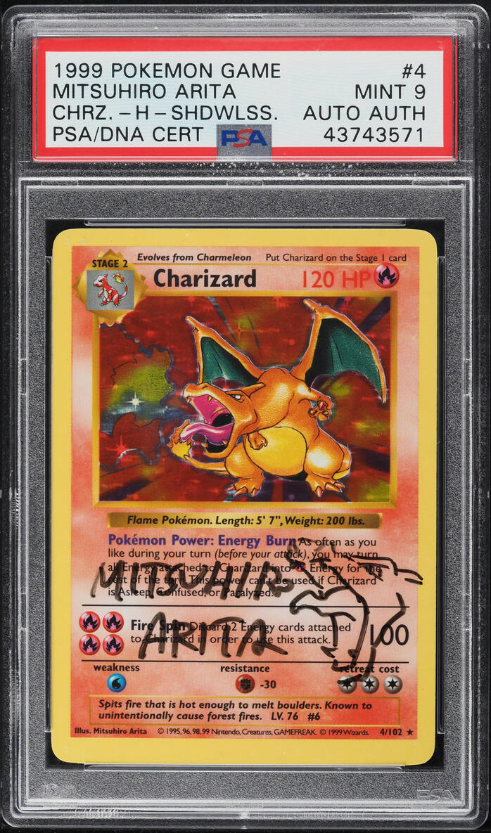 1999 Pokemon Base Set Shadowless Holo Charizard Mitsuhiro Arita AUTO #4 PSA 9 on Fanatics Collect