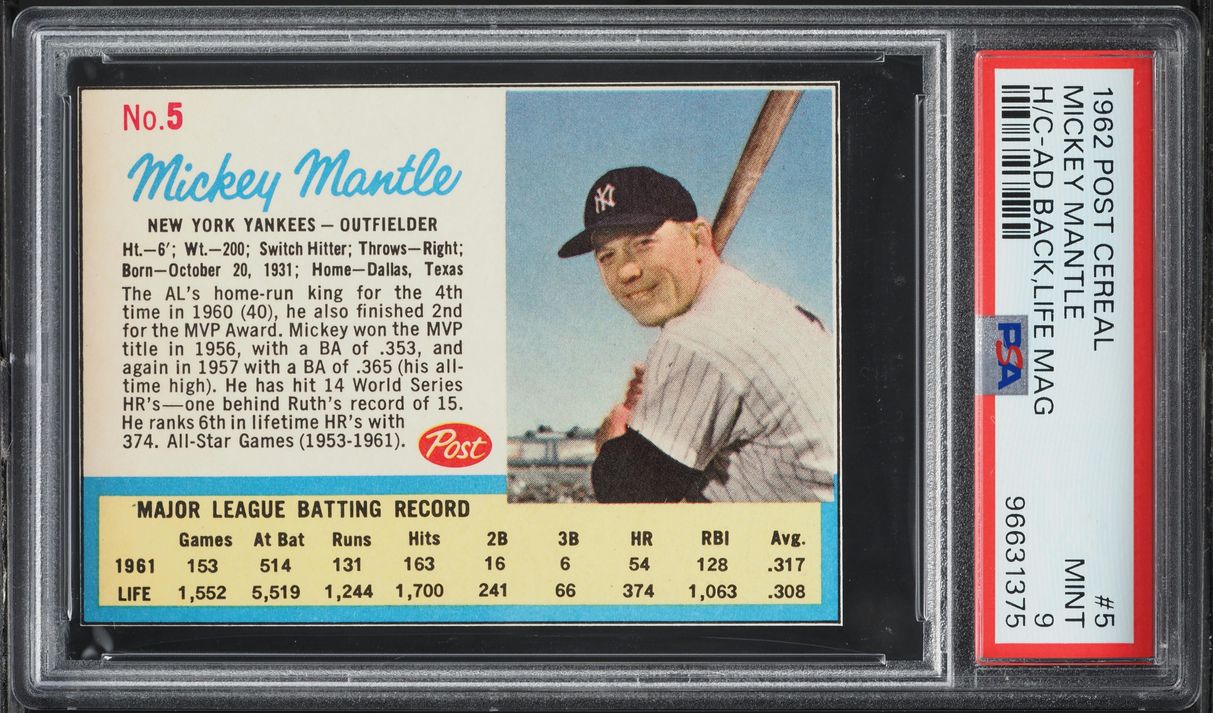 1962 Post Cereal Mickey Mantle AD BACK, LIFE MAGAZINE #5 PSA 9 MINT on ...