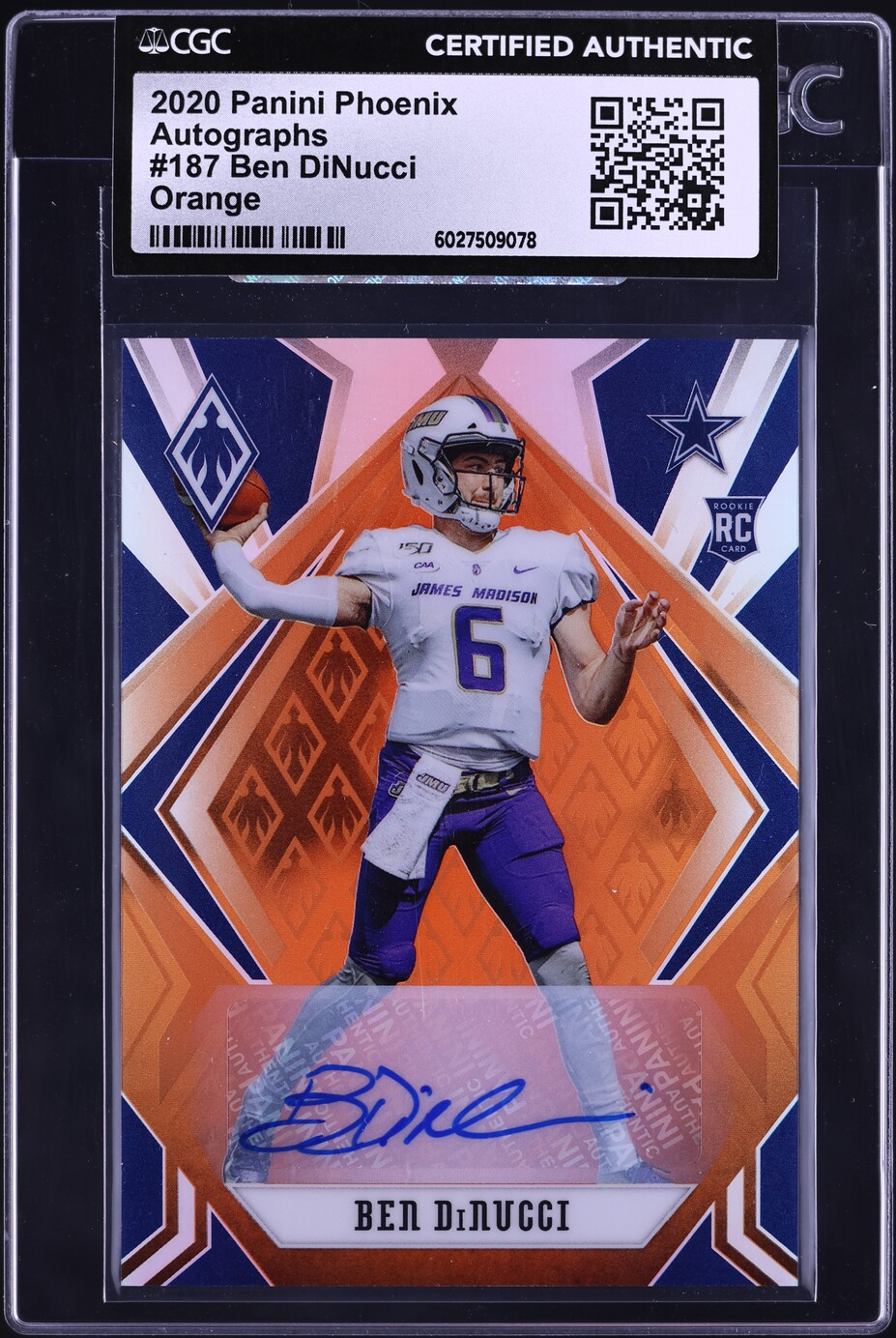 2020 Panini Phoenix Orange Ben DiNucci ROOKIE AUTO /25 #187 CGC AUTH on ...